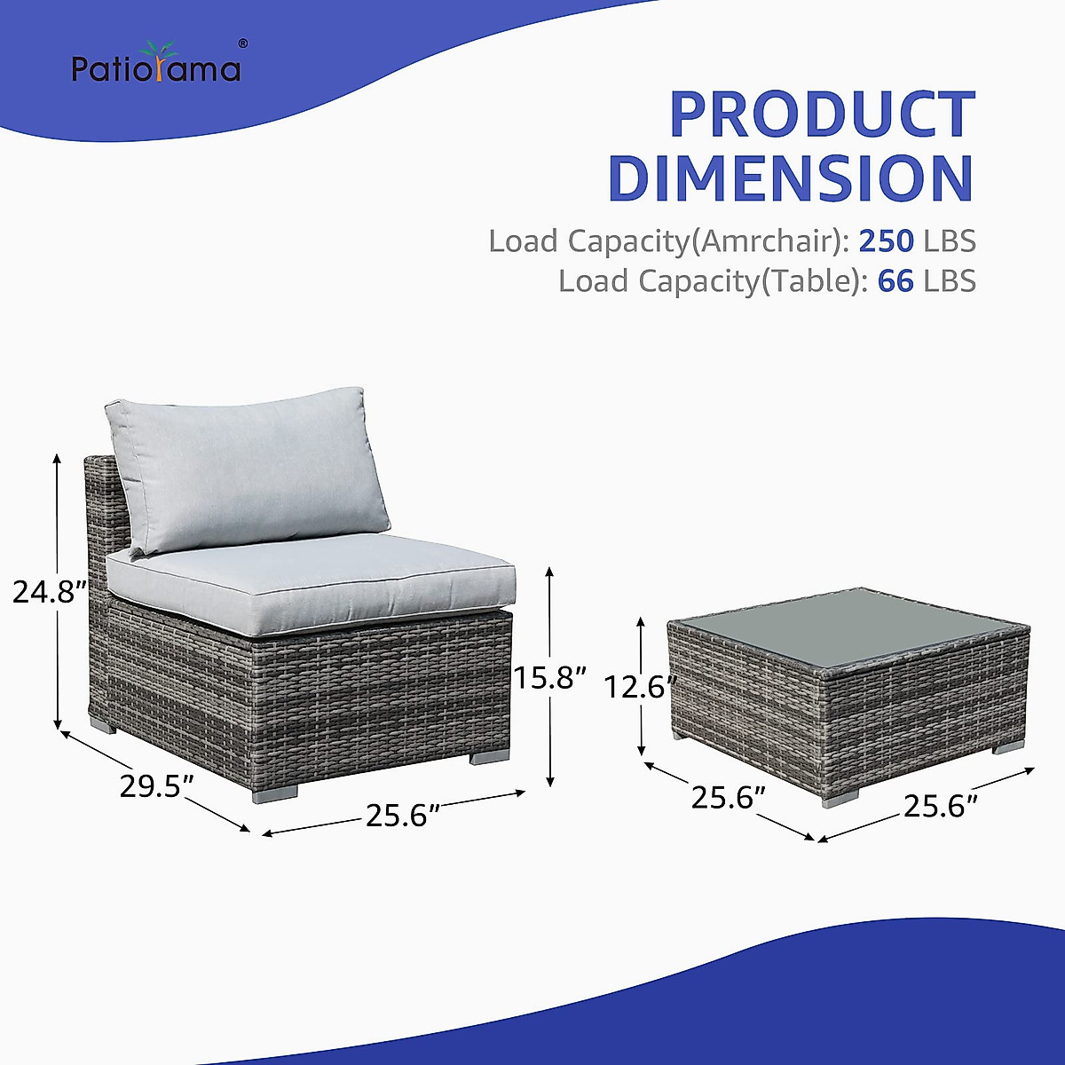 Patiorama 3-Piece Patio Furniture Set, Outdoor Sectional Sofa, All-Weather Grey PE Wicker Rattan Conversation Set,Outdoor Couch Loveseat,Patio Seating for Porch Balcony Garden Pool(Light Grey Cushion)