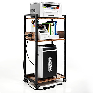 TC-HOMENY 3-Tier Movable Printer Stand with Storage Rolling Floor-Standing Deskside Shredder Computer Host Stand Adjustable Storage Shelf Rack on Wheels Multipurpose Stand for Printer