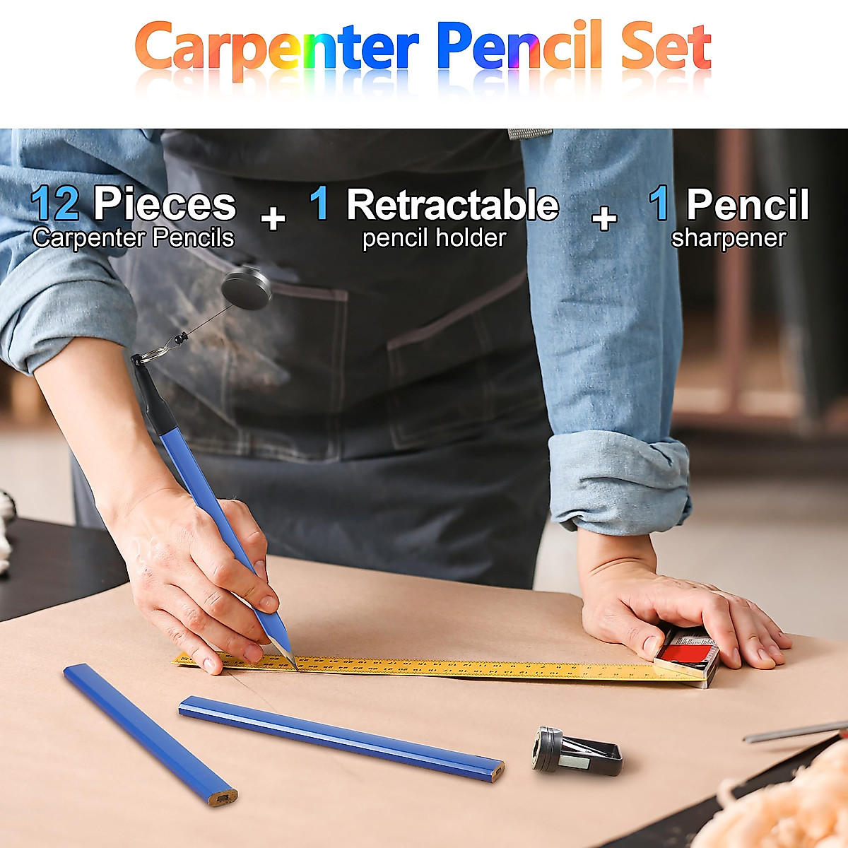 14 Pieces Carpenter Pencil, 7 Inches Flat Octagonal Hard Black Carpenter Marking Pencils with Pencil Sharpener and Silicone Heavy Duty Retractable Pen Holder for Woodworking Marking Tool