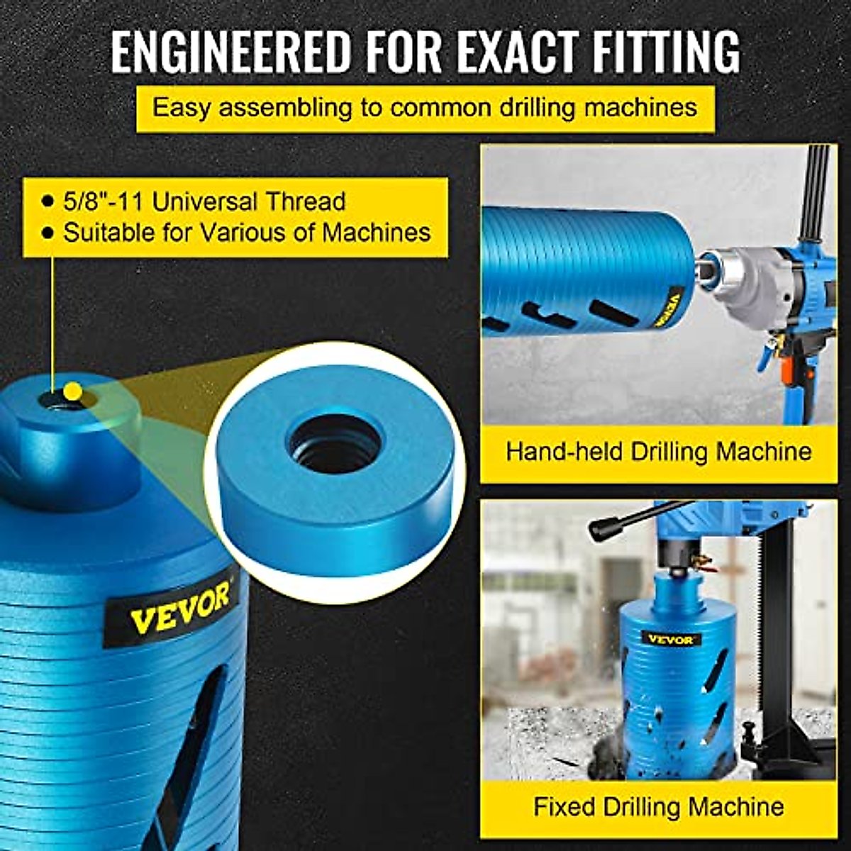 VEVOR Core Drill Bit, 4" /101.6 mm Diameter 5/8"-11 Shank Arbor with a Pilot Bit & 4.5" Blade, 9.5" /241.3mm Depth Diamond Dry Coring Bore Tool, Masonry Hole Saw Bits for Hard Concrete Brick and Block