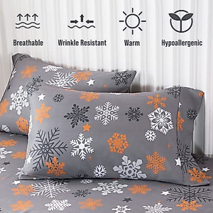 KeoWin Queen Bed Sheet Set 4PC 100% Microfiber up to Around 15" Deep Pocket, Super Soft Cooling Breathable Brushed Double Bedding, Machine Wash, Easy Care, Wrinkle Free - Snowflake (Grey)