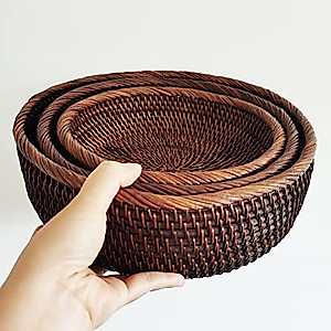AMOLOLO 3 Pack Round Rattan Bowl Basket, 8 9 10 Inch Handmade Wicker Basket Tray with Scalloped Edge and 3”Deep Wall, Woven Dark Brown Bread Basket Fruit Bowl Key Holder Table Centerpiece, 3-Size