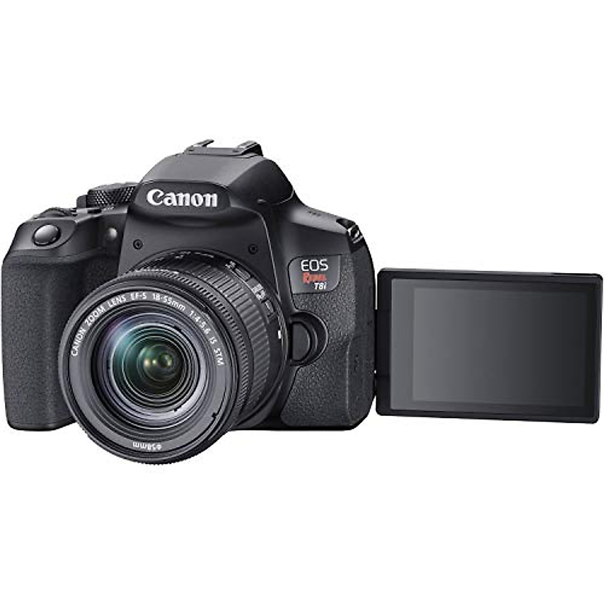 Camera EOS Rebel T8i DSLR Camera w/EF-S 18-55mm F/4-5.6 is STM Zoom Lens Bundle with Wide Angle + Telephoto Lens + 128GB Memory + Case + Tripod + 3 Pc Filter Kit + More