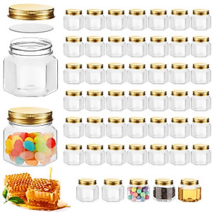 Dandat 50 Pcs 3 oz Hexagon Plastic Jars with Lids Mini Honey Jars Wide Mouth Canning Jars Small Spice Jars for Party Wedding Favors, Baby Shower, DIY Gift, Jelly, Herb, Jams, Candy (Gold)