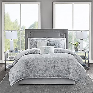 Madison Park Emory Cozy Cotton Comforter Set, Modern Marble Design All Season Down Alternative Casual Bedding with Matching Shams, Decorative Pillows, Queen(90"x90"), Grey 7 Piece