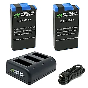 Wasabi Power Replacement for GoPro MAX Battery (2-Pack) and USB Triple Charger, High-Speed 3-Channel Charger Compatible with GoPro ACDBD-001, ACBAT-001 (Fully Compatible)