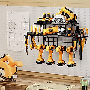 Yecaye 3 Layers Heavy Duty Drill Holder Wall Mount, 4 Slots Power Tool Storage Rack with Screwdriver Holder, Compact Metal Electric Tool Organizer Shelf, Black