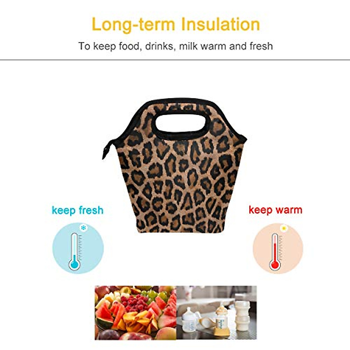 senya Lunch Bag Insulated Lunchbox Handbag Tote Bags Reusable Cooler Containers Organizer School Outdoor for Women Men Girls Boys Kids (Leopard)