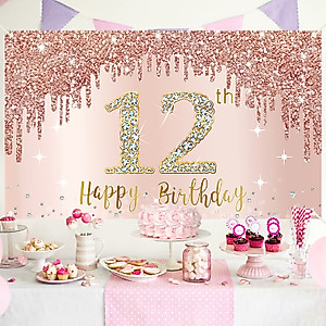 12th Birthday Banner Decorations for Girls, Rose Gold Happy 12 Birthday Backdrop Party Supplies, Pink 12 Year Old Birthday Sign Poster Background Photo Booth Props Decor