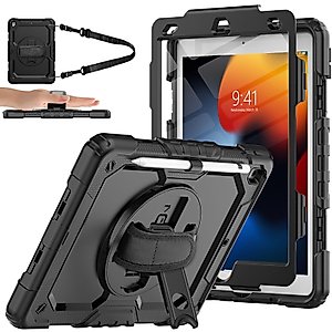 Sibeitu iPad 9th Generation Case 2021 10.2 Inch with Screen Protector & Kickstand, Protective iPad 7th 8th Gen Shockproof Case 2019 2020 Cover with Hand Shoulder Strap, Heavy Duty & Rugged, Black