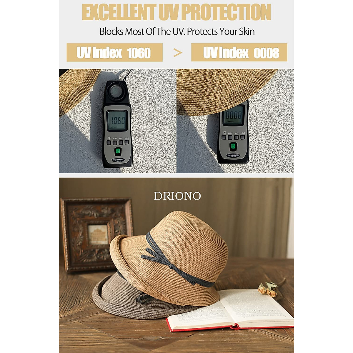 DRIONO Straw Hat - Women Style Fashion Summer Cloche Beach Fedora Trilby Hat Panama Sun Hat (Beige)