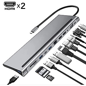 Sxdthy USB Hub,12 in 1 USB C Hub Laptop Docking Station Type-C to Dual HDMI-Compatible/VGA/USB 3.0 Hub/PD/RJ/Micro-SD/TF,Compatible with PC, Mac, Printer