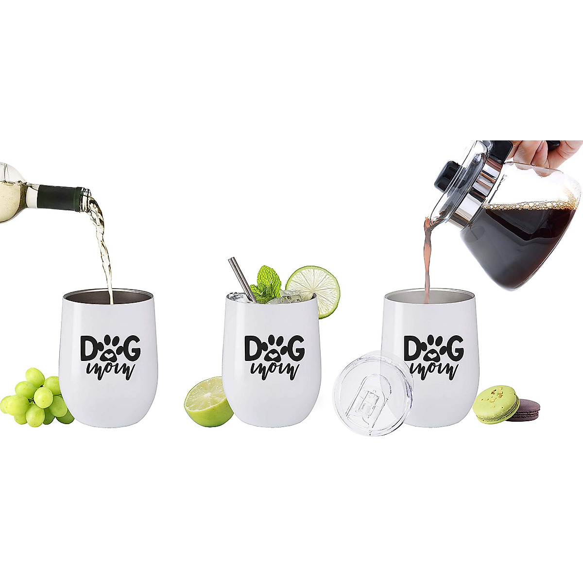 Fancyfams - Dog Mom - 12 oz Stainless Steel Stemless Wine Tumbler with Lid and Straw (Dog Mom - White)