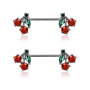 Pierced Owl 14GA 316L Stainless Steel CZ Crystal Red Cherry Ends Nipple Barbells, Sold as a Pair (Silver Tone)