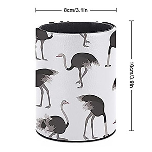 Cartoon Ostrich Bird Round PU Leather Pen Holder Desk Organizer Storage Container Pencil Container Brush Scissor Box