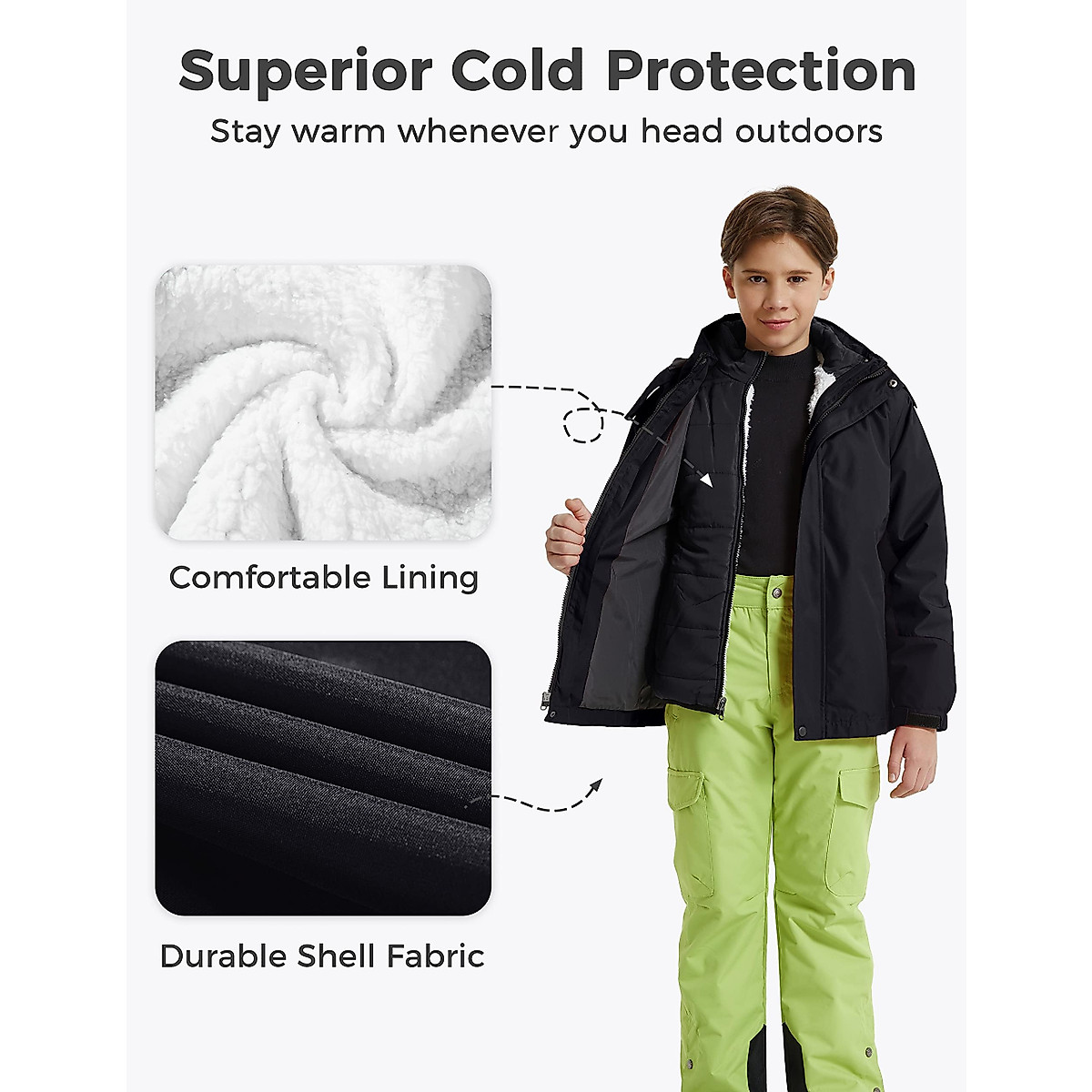 wantdo Kids Boys' 3 in 1 Snowboard Jacket Hooded Warm Winter Coat Fleece-Lined Waterproof Black 10-12