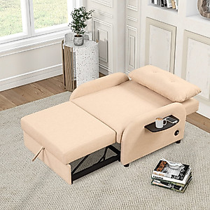 Verfur 3-in-1 Convertible Sofa Bed w/Wing Table and USB Charge, Multi-Functional Velvet Sleeper Futon Couch Pull-Out Sofabed, 41.5'' Loveseat Chaise Lounge for Living Room, Small Space, Beige