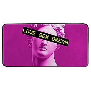 Kuizee Kitchen Rug Area Rug ﻿Plaster Head Sculpture Pink Retro Art Trendy Vaporwave Bathroom Hallway Entry Way Floor Non Slip Soft Water Absorbent 39×20 Inch