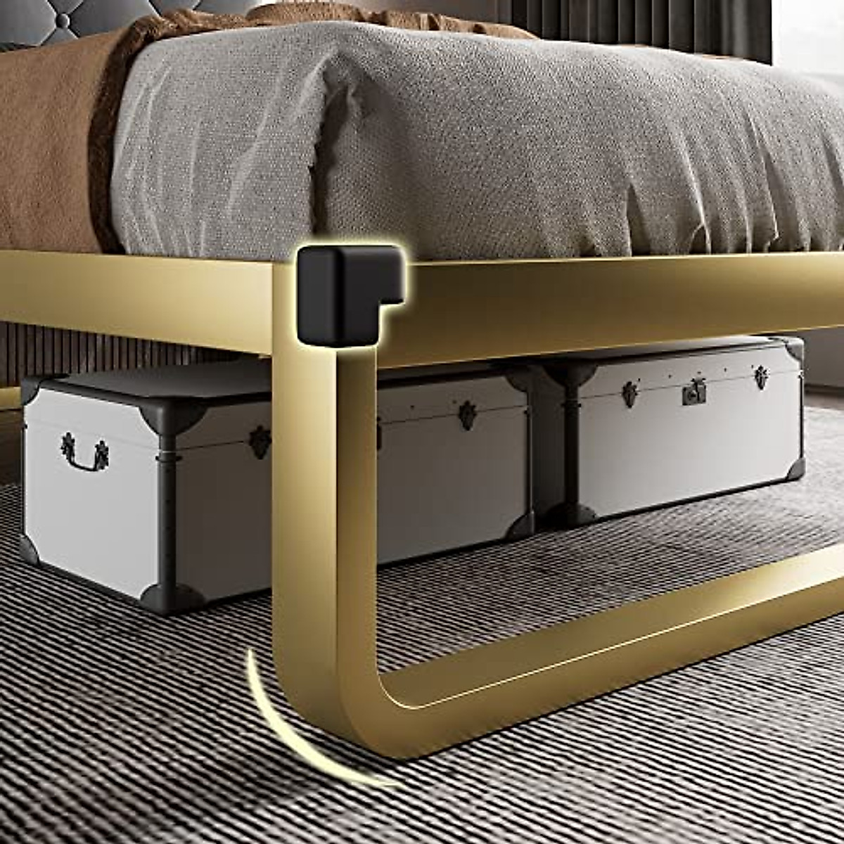 Feonase Twin Metal Bed Frame, Heavy Duty Platform Bed Frame with Steel Slats, Velvet Upholstered Headboard, 12" Storage Space, No Box Spring Required, Noise Free, Easy Assembly, Golden and Gray