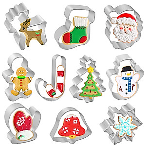 Christmas Cookie Cutters, 10 pieces Large Metal Cookie Cutters Shape - Gingerbread Man, Snowflake, Snowman, Christmas Tree, Bell, Reindeer & More for Holiday, Stainless Steel