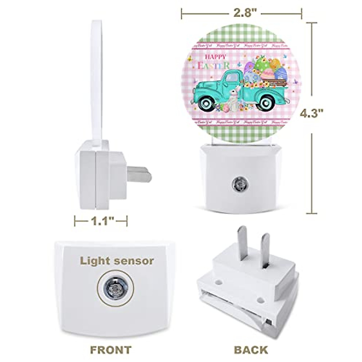 Spring Easter Round Night Lights Plug into Wall, Dusk to Dawn Sensor, Pink Green Plaid Truck Bunny Colorful Eggs LED Night Light for Kids Room, Bedroom, Bathroom, Nursery, Hallway, Stairs