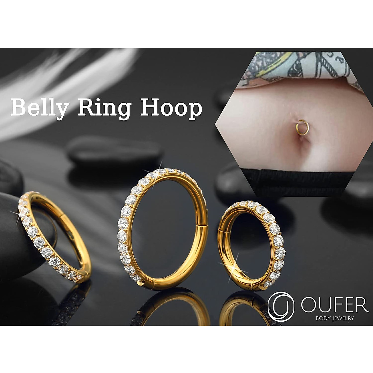 OUFER 14G Gold Belly Button Rings, 316L Surgical Steel Belly Button Hoop Jewelry, Clear CZ Paved Belly Hoop Rings, Belly Piercing Jewelry-8MM