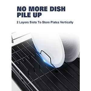 BRONYPRO Dish Drying Rack, 2 Tier Dish Drying Rack for Kitchen Counter, Extra Large Dish Strainer with Drainboard, Dish Organizer with Drying Board, Utensil Holder, Cup Rack, Black