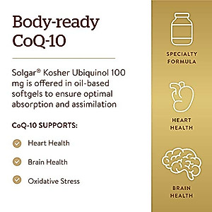 Solgar Kosher Ubiquinol 100mg, 60 Softgels - Advanced Antioxidant Support - Heart Health - Reduced Coenzyme Q10 (CoQ-10) - Non-GMO, Gluten Free, Dairy Free, Kosher - 60 Servings