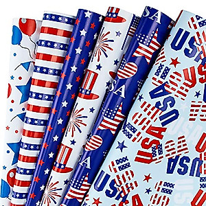 WRAPAHOLIC Wrapping Paper Sheet - Memorial Day, 4th of July Design for Birthday, Holiday, Wedding, Baby Shower - 1 Roll Contains 6 Sheets - 17.5 inch X 39.3 inch Per Sheet