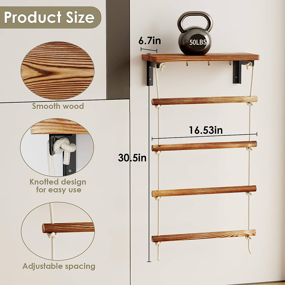 Delywh 5 Tier Wall Blanket Ladder Floating Shelves, with Rustic Rope Wooden Blanket Storage, Throw, Towel, Quilt Rack for The Living Room, Bathroom, Bedroom, Farmhouse Wall Blanket Holder, Brown