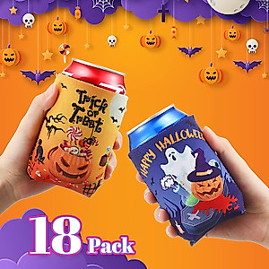 18 Pieces Halloween Can Cooler Sleeves Witch Pumpkin Bat Skull Beer Bottle Sleeves Funny Halloween Can Cooler Drink Coolers for Halloween Party
