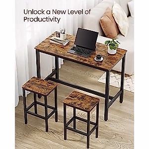 VASAGLE Bar Table Set, with 2 Bar Stools, Dining table set, Kitchen Counter with Bar Chairs, Industrial, Living Room, Party Room, Rustic Brown and Black ULBT15X