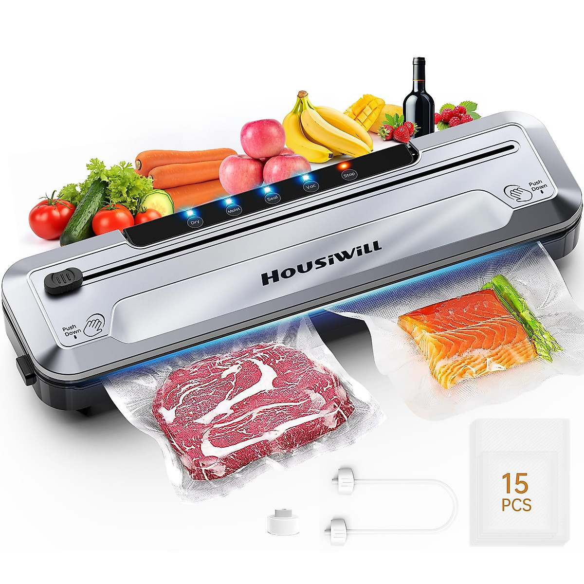 Housiwill Vacuum Sealer, Automatic Food Vacuum Sealer, Vacuum Sealer for Food with 6 Mode, for Dry/Moist Mode and Food Storage, Vacuum Food Saver, Starter Kit with 15 Seal Bags & Air Suction Hose