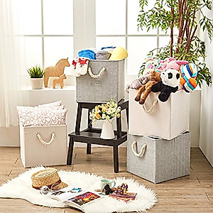 EZOWare Foldable Bamboo Fabric Storage Bin with Cotton Rope Handle, Collapsible Resistant Basket Box Organizer for Shelves, Closet, and More (Set of 2, Beige)