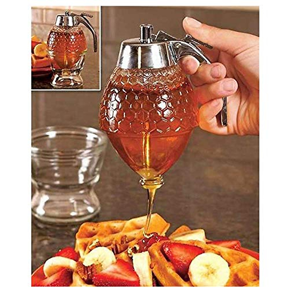 Honey dispenser, syrup dispenser, beautiful honeycomb honey jar, honey jar with stand