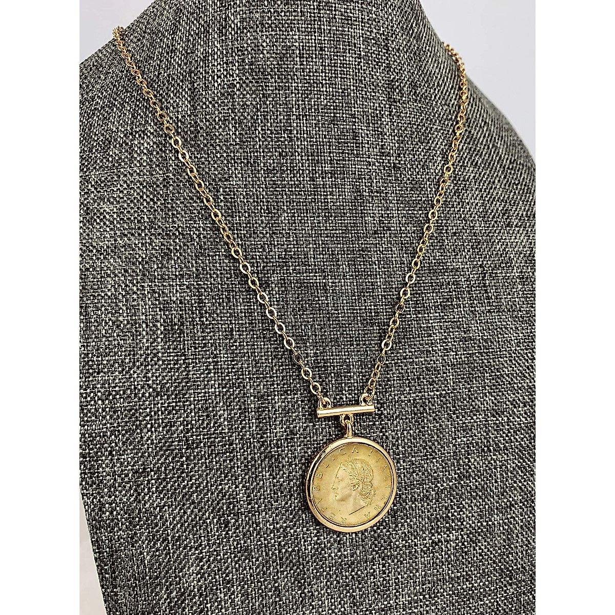 American Coin Treasures Italian 20 Lira Coin Pendant Bar Necklace | Goldtone Flat Cable | 18 Inch 3 Inch Extender with Lobster Claw Clasp | Certificate of Authenticity