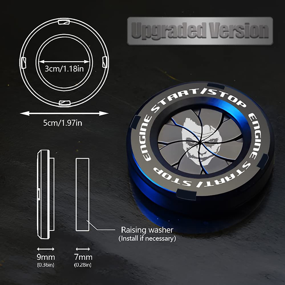 Tybasthe Rotary Push Start Button Cover, Joker Car Accessories Engine Start Stop Button Cover, Car Stickers Interior Decor, Motorcycle Ignition Key Switch Cover, Black