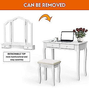 KJNS White Tri Folding Mirror Vanity Makeup Table Stool Set Desk with 4 Drawers Vanity Desk Makeup Vanity Side Tables Bedroom Vanity Table Portable Desk Vanity Set