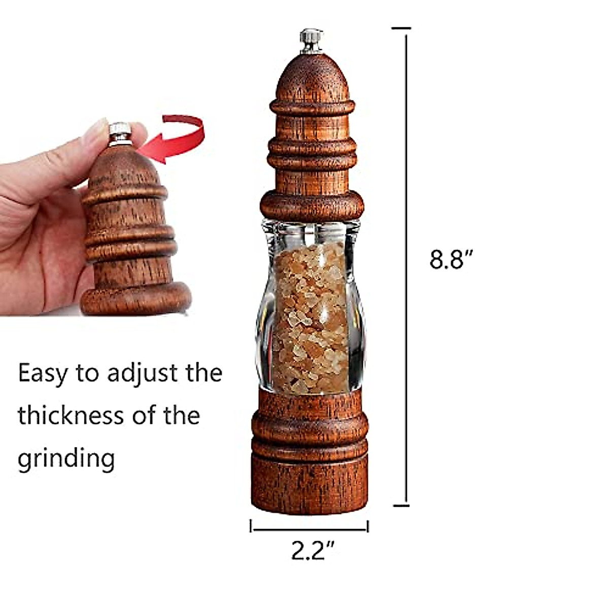 Funly mee 8.5inch Acrylic and Wooden Salt and Pepper Grinder Set, Manual Pepper Mill Sets Salt Grinder, Adjustable Coarseness - 2 Pack