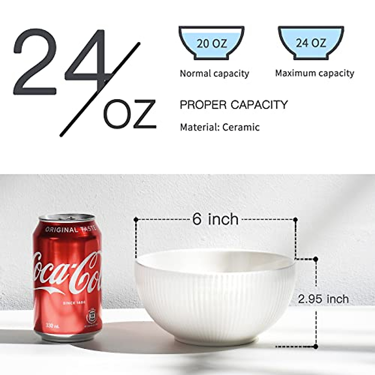 getstar Cereal Bowls, Soup Bowls, Ceramic Bowl Set for Kitchen (4 Pcs, 6 inch & 24 oz), Microwave Safe Porcelain Bowl Set of 4, Soup Cereal Salad Rice Ramen Bowl (White)