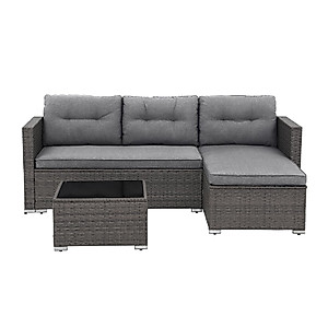 JOIVI Outdoor Patio Furniture Sets, All Weather Outdoor Sectional Patio Sofa, Wicker Rattan Outdoor Couch Patio Set with Cushions, Tempered Glass Table, 3-Piece Outdoor Seating Sofas, Gray