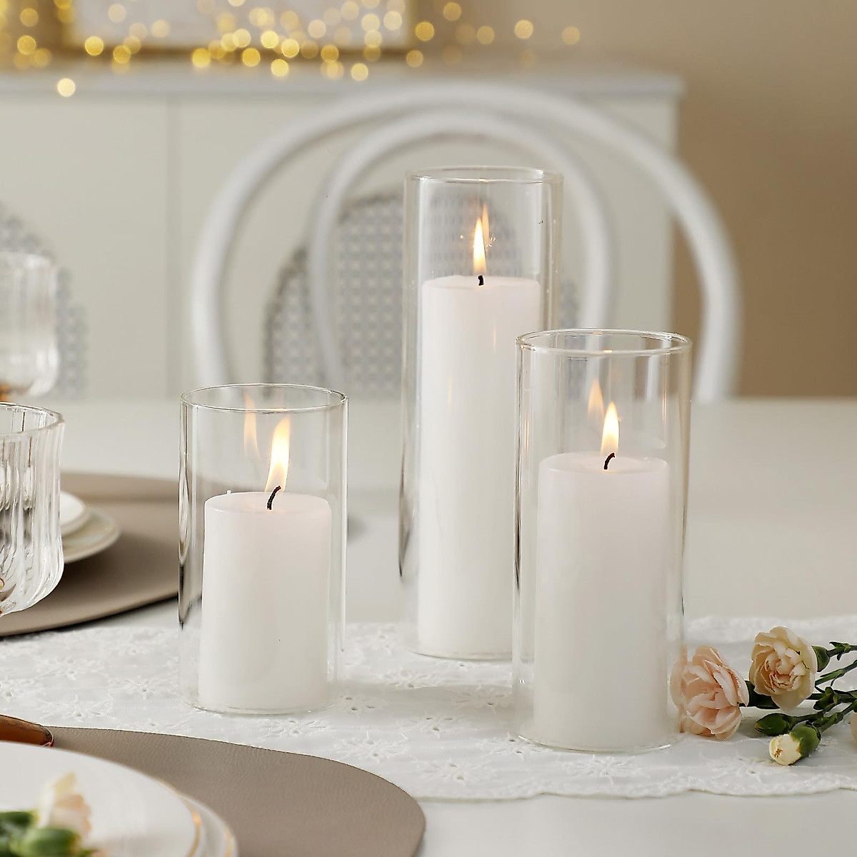 UDU Set of 12 Pillar Candles and 12 Hurricane Candle Holders, Slim Pillar Candle Holder for Pillar Candles, Cylinder Vases for Centerpieces Wedding Table Party Home Decor(2.6" X 4.7", 5.9", 7.9")