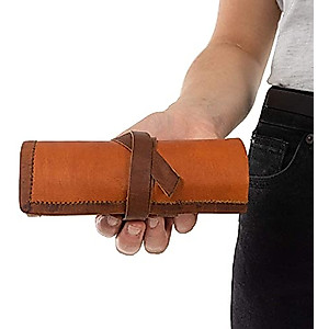 Vintage Stuff Genuine Leather Stationery Pencil Roll Case Handmade Art College Supplies Roll Wrap Pouch Holder Vintage Unisex Brown