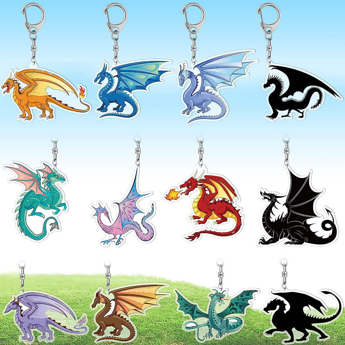 2.4 Inch Dragon Keychain for Kids Dragon Party Favor Acrylic Dragon Key Ring Dinosaur Key Chains Fire Sunshine Glory Dinosaur Key Ring Car Handbag Wallet Jewelry Gifts for Kid, Assorted Style (12 Pcs)