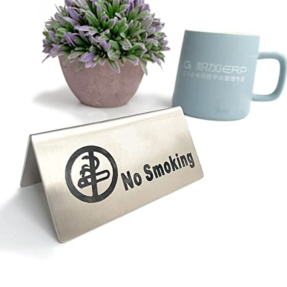 2 Pcs Stainless Steel No Smoking Sign Tent Card Do Not Smoke Table Board Restaurant Hotel Non-Smoking Desk Logo Indicator