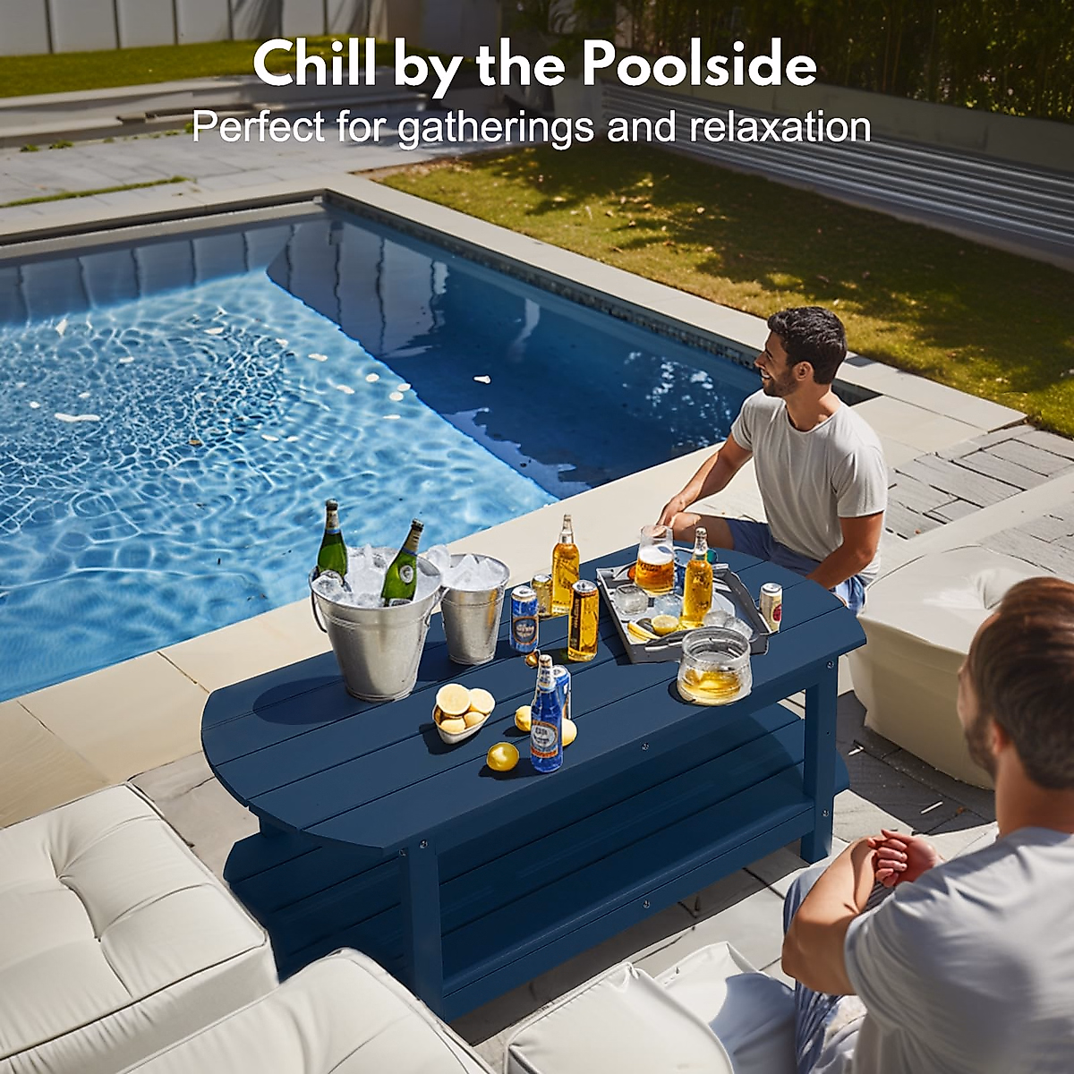 HDPE Patio Coffee Table, Outdoor Coffee Table with 2-Tier Storage, Weather-Resistant Outdoor Coffee Tables for Patio, Rectangular Garden Table for Deck, Backyard, Patio Furniture, Midnight Blue