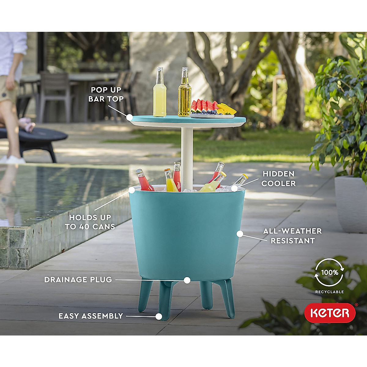 Keter Modern Cool Bar Outdoor Patio Furniture and Hot Tub Side Table with 7.5 Gallon Beer and Wine Cooler, Teal