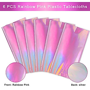 Whaline 6Pcs 108 x 54 Inch Iridescent Pink Plastic Tablecloths Shiny Rainbow Rectangle Disposable Table Covers Holographic Foil Table Cloth for Birthday Wedding Bridal Shower