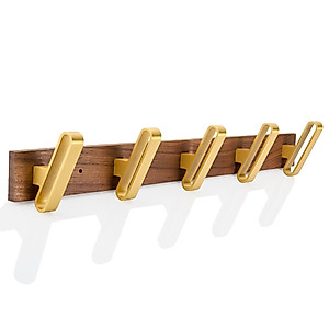 OUJUN Coat Rack Wall Mounted, 19.69 Inch Solid Walnut Wood Wall Mount Coat Hooks with 5 Golded Metal Hooks for Hanging Clothes Hat Bag and Key.Modern Coat Rack for Entryway Bedroom Bathroom Kitchen