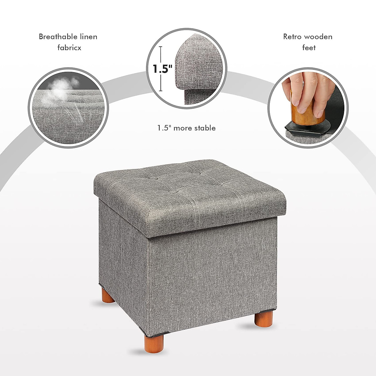 B FSOBEIIALEO Storage Ottoman with Tray, Foot Stools and Ottomans with Legs, Storage Cube Seat Linen Grey 15"